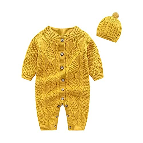 IADOER Baby Newborn Boy Knitted Sweater Romper Cotton Longsleeve Outfit with Kids Winter Warm Hats Set(Yellow 0-3M