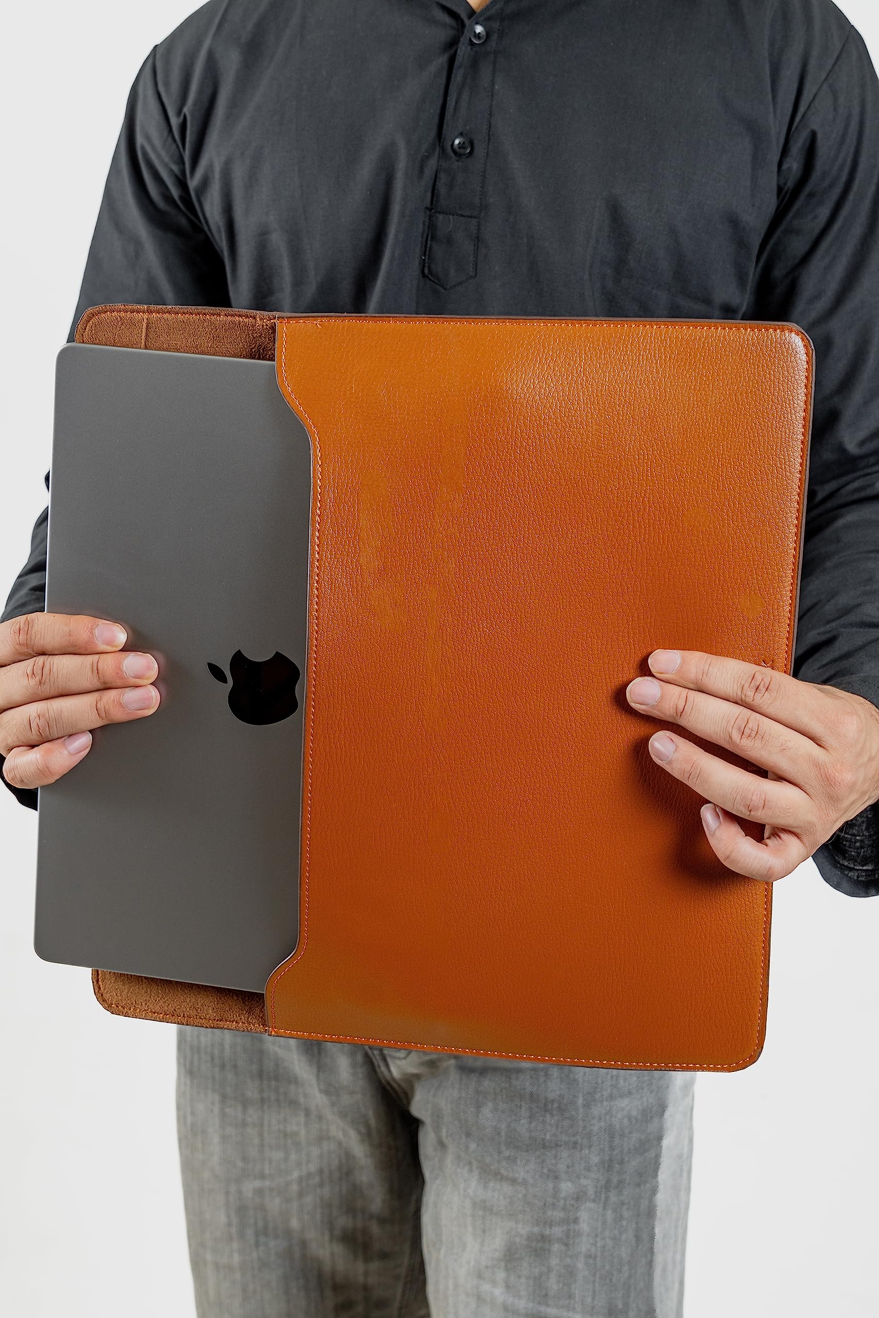 Dawn & Dusk's 15 inch Laptop Sleeve Compatible with MacBook Pro & MacBook Air, PU Leather, Vegan Friendly, Hand-Made, Magnetic Flap, Orange.