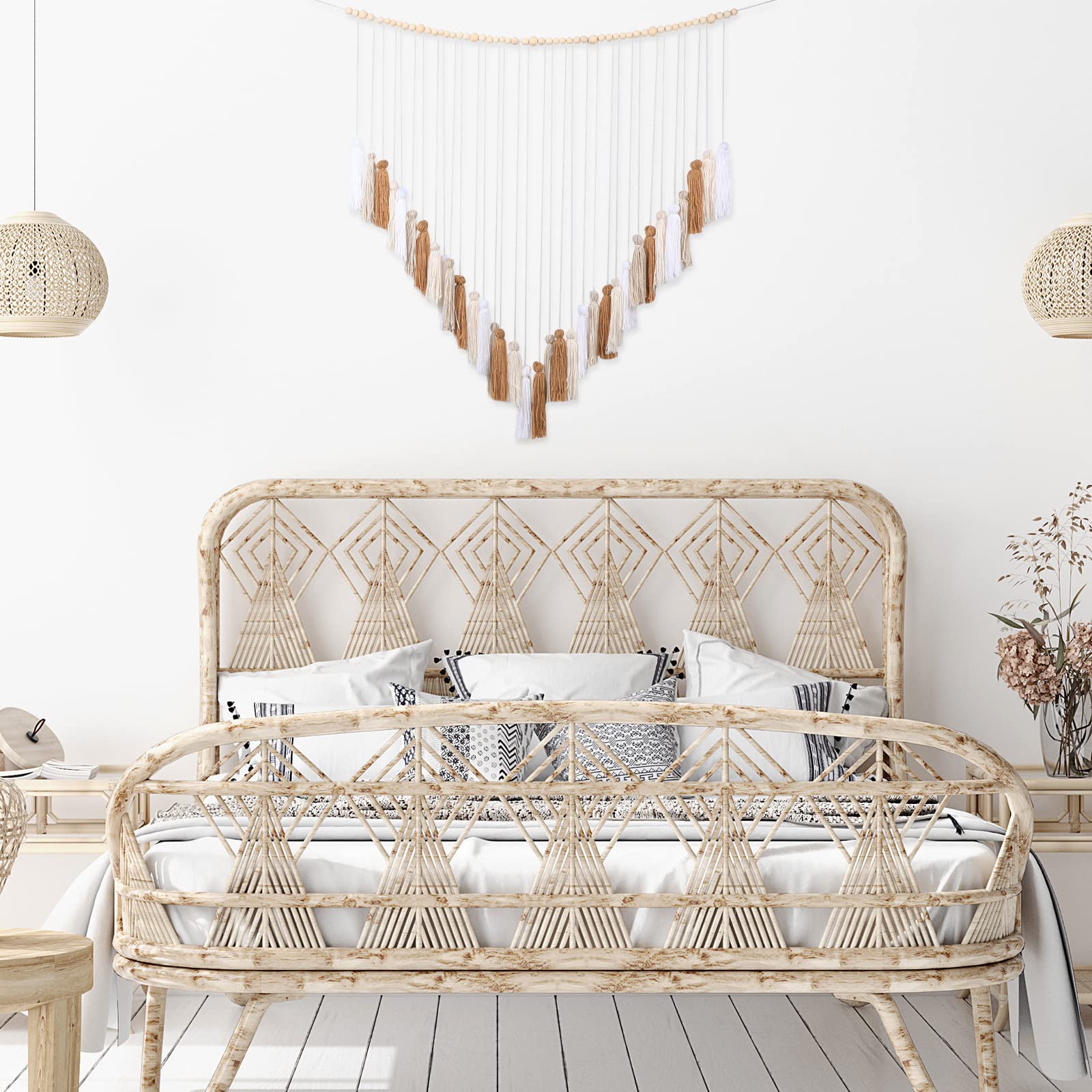 Coucou Large Macrame Tassel Wall Hanging Boho Wall Decor, Yarn Tassels Garland with Wood Beads for Nursery Decor 41" x 31''