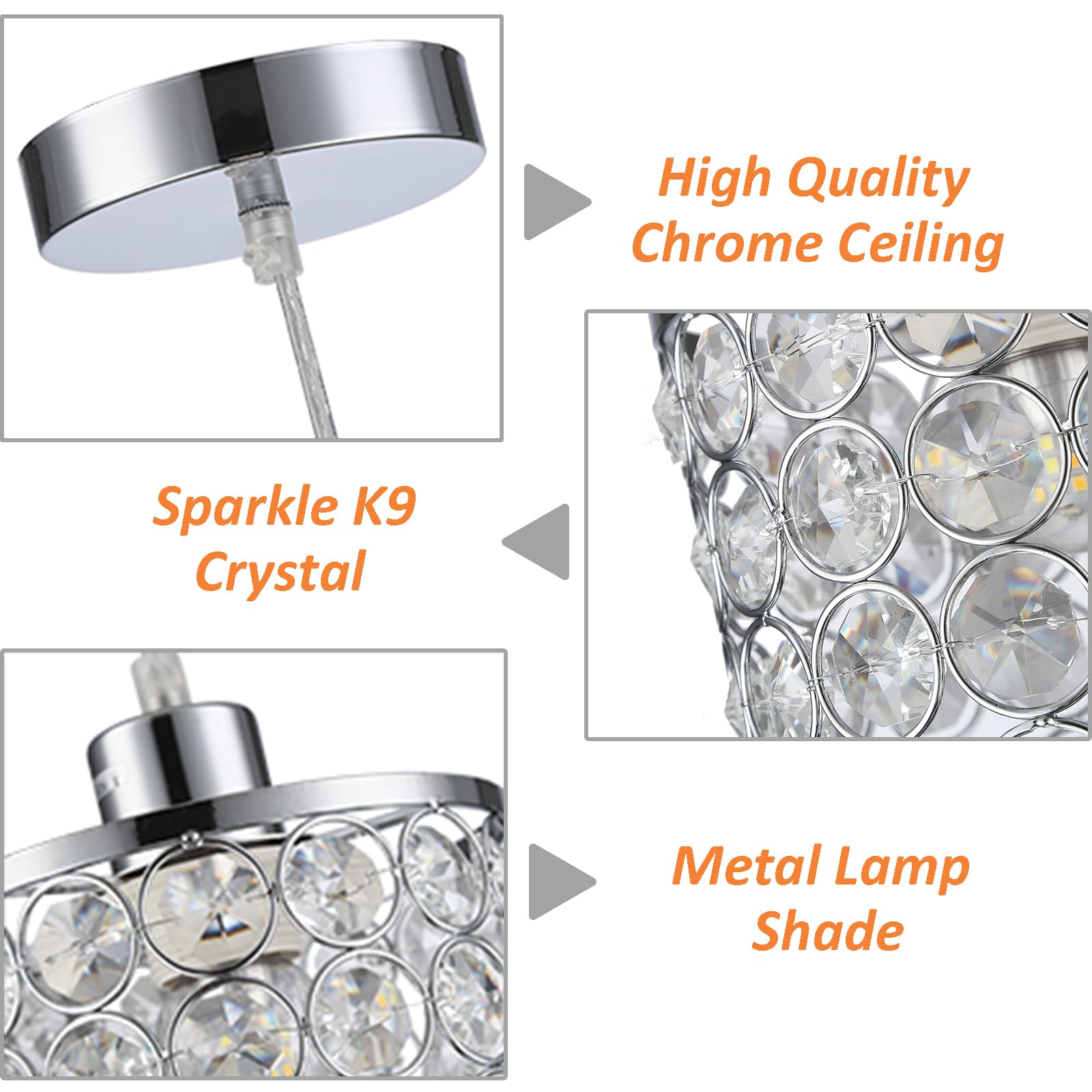 Cuaulans 3 Pack Crystal Pendant Light, Modern Chrome Kitchen Island Pendant Lighting,Cord Adjustable Bar Ceiling Hanging Lights for Kitchen Dining Room Bedroom Bar