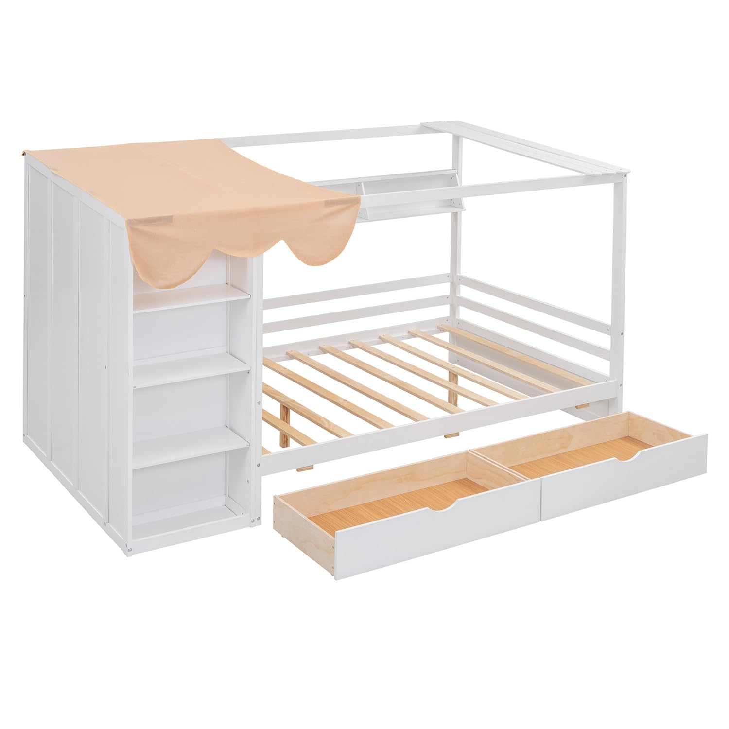 Linique Full Size House Bed with Wardrobe, Storage Drawers and Bookshelf, Solid Wood Bed Frame with Tent, White