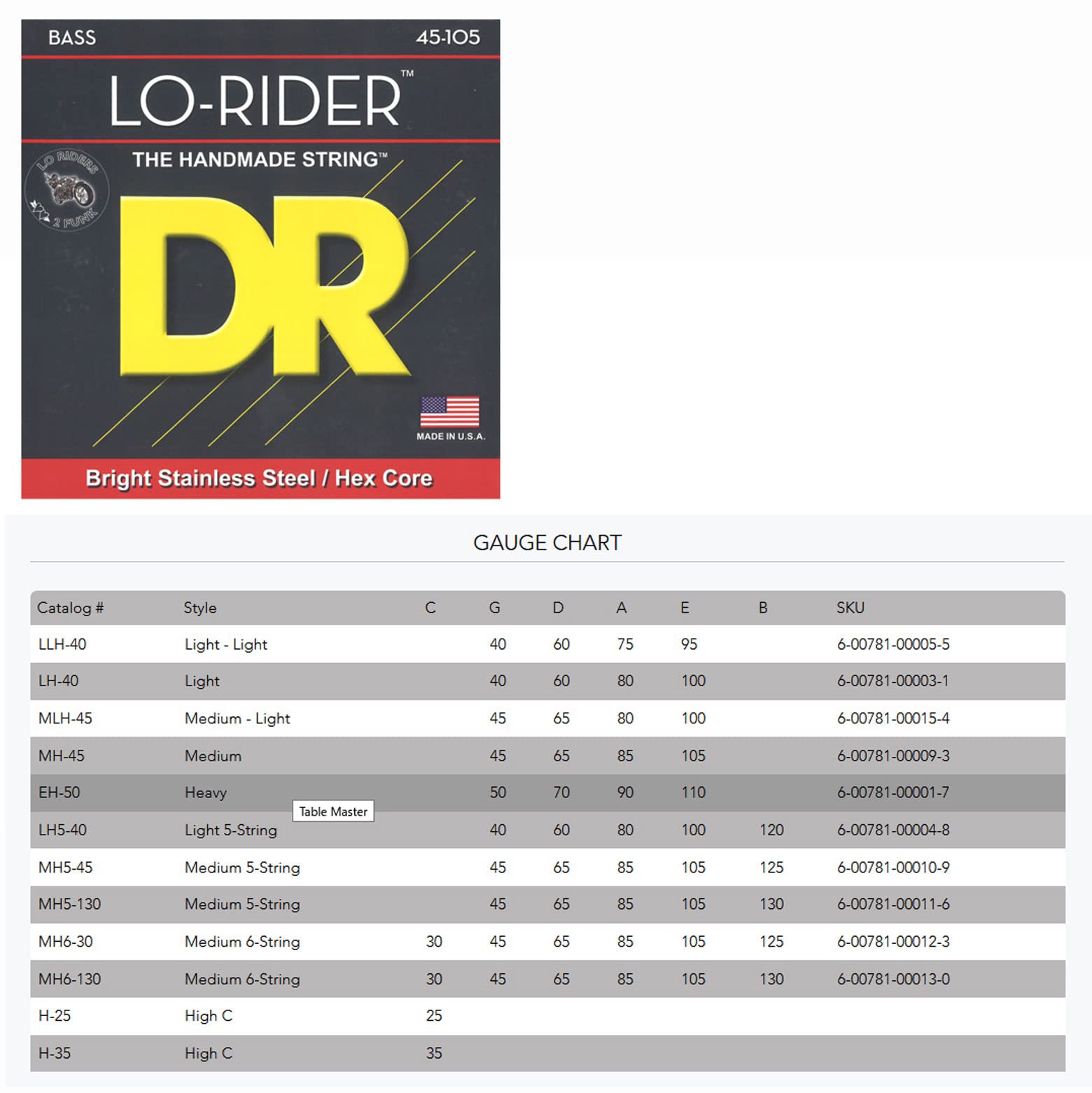DR Strings Lo-Rider - Stainless Steel Hex Core Bass 45-105