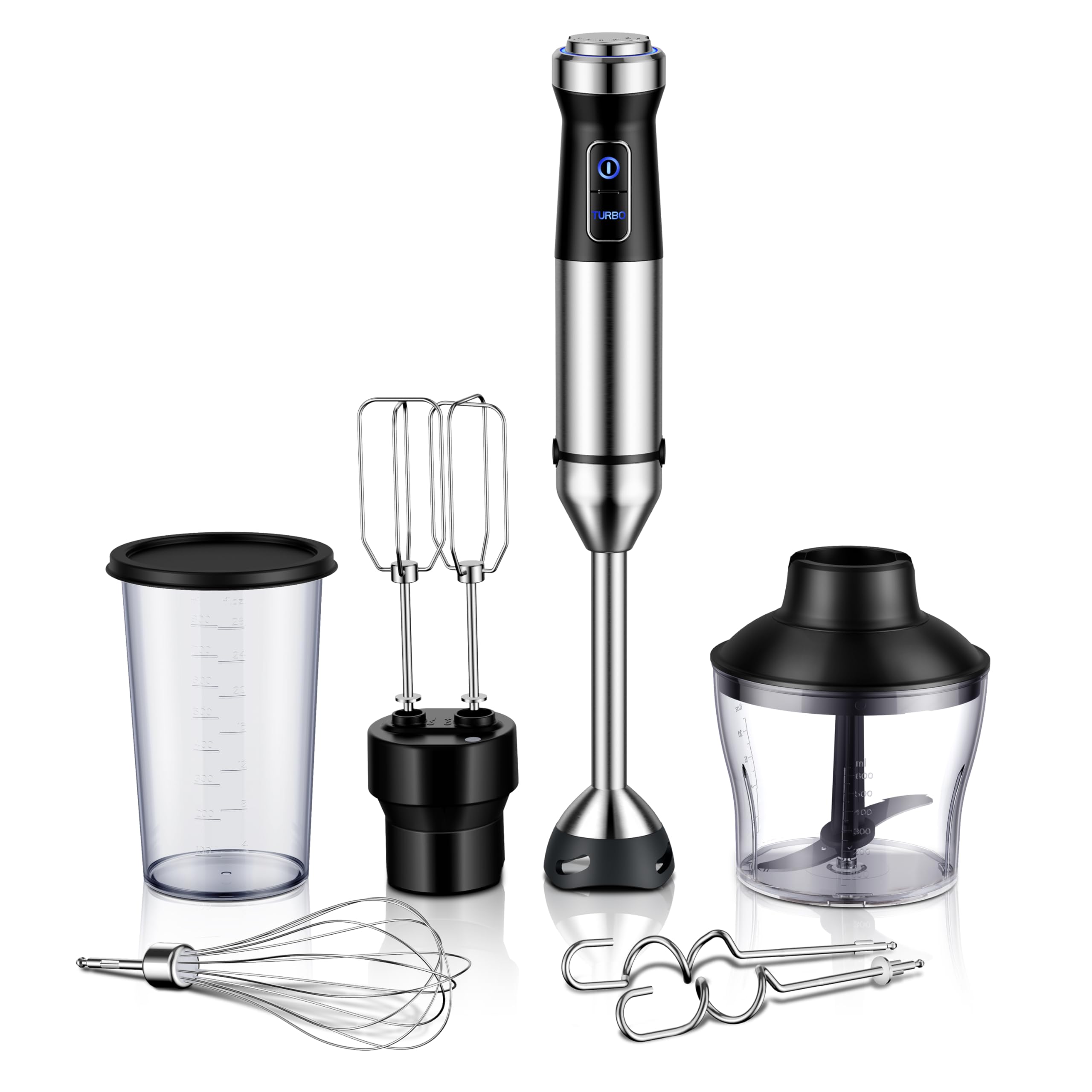GDOR 6-in-1 Immersion Blender, 1000W Stainless Steel Scratch Resistant Immersion Blender Handheld with 20 Speeds, Hand Blender with Whisk, Chopper, Beaker, Egg Beaters and Dough Hooks, Black