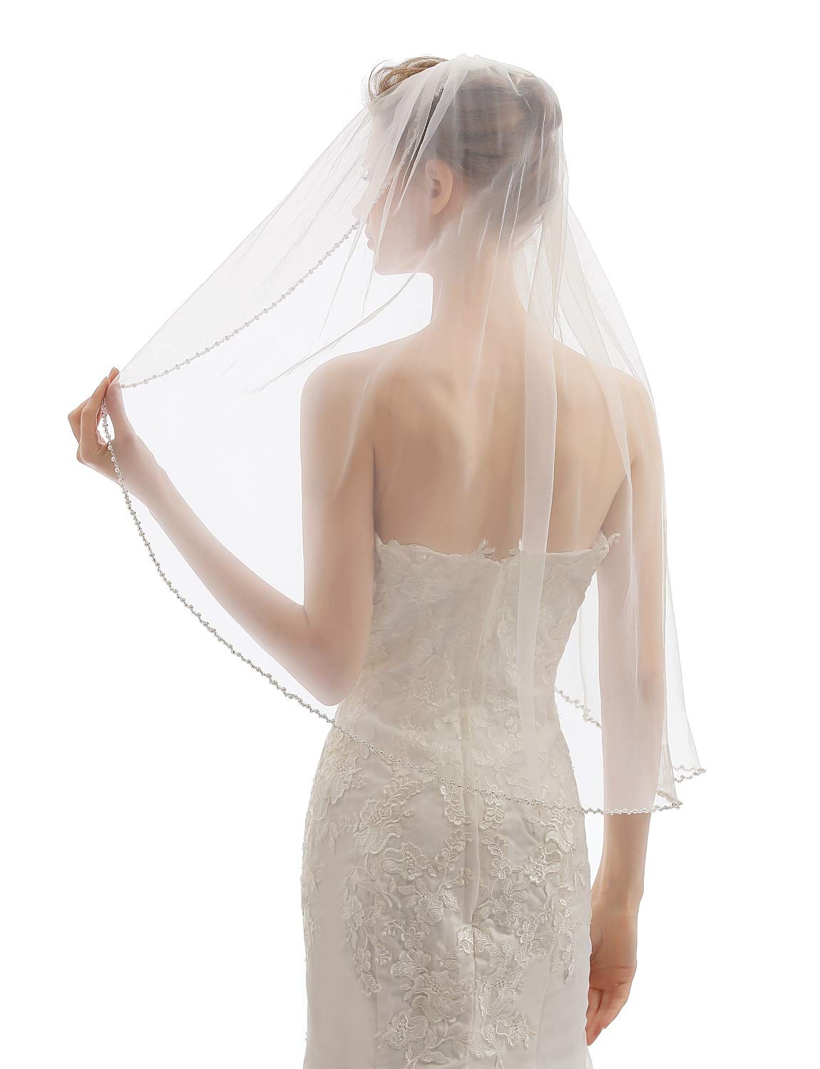ELAWBTY Womens 1 Tier Fingertip Length Short Crystal Beaded Wedding Bridal Veil With Comb X09 Ivory