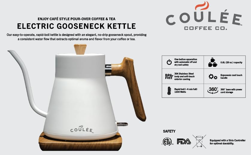 Coulée Gooseneck Kettle, Elegant kettle, Easy Pour, Premium food-grade 304 Stainless steel, 1200W, One-click operation