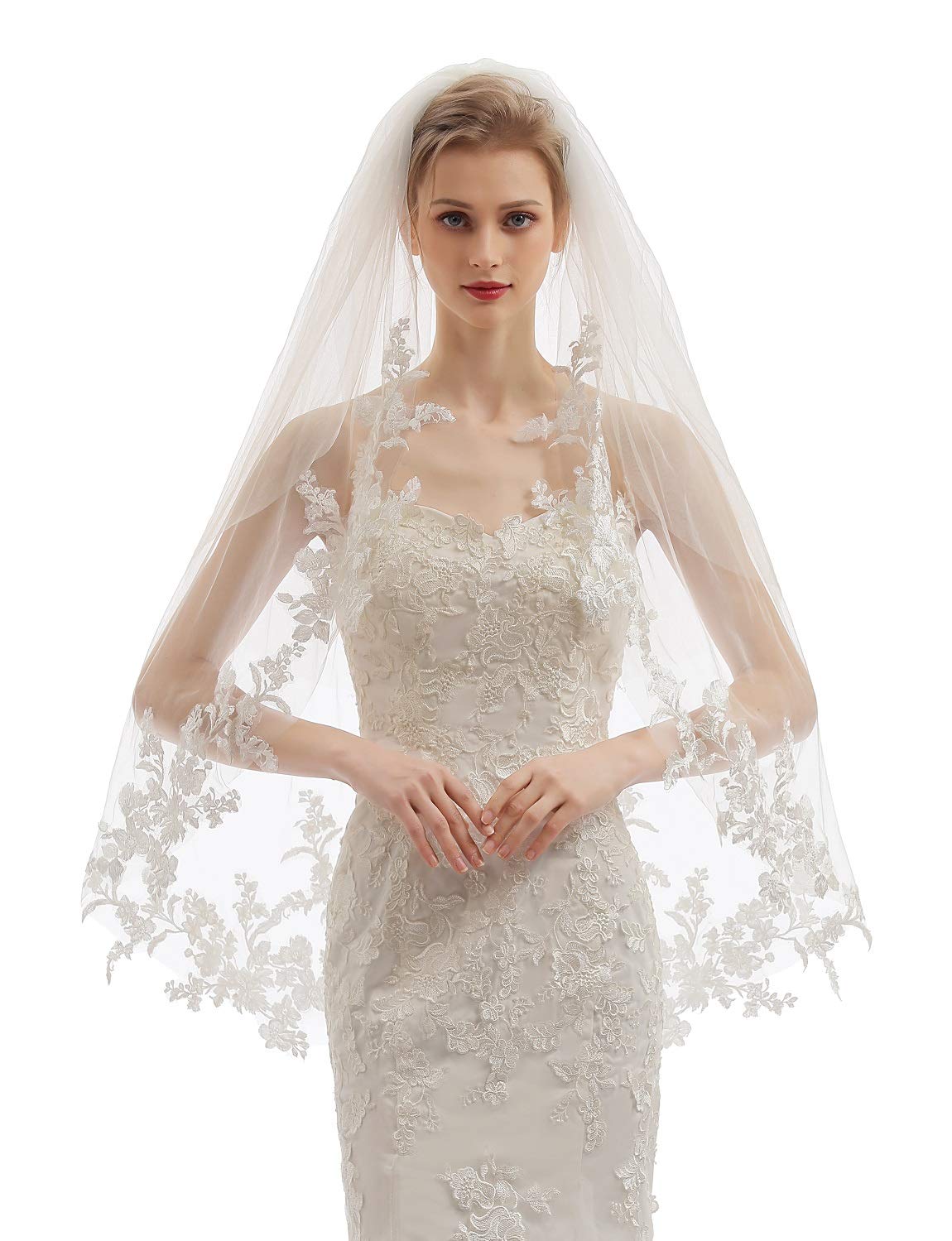 ELAWBTY Womens 2 Tier Fingertip Length Short Lace Wedding Bridal Veil With Comb X07 Ivory