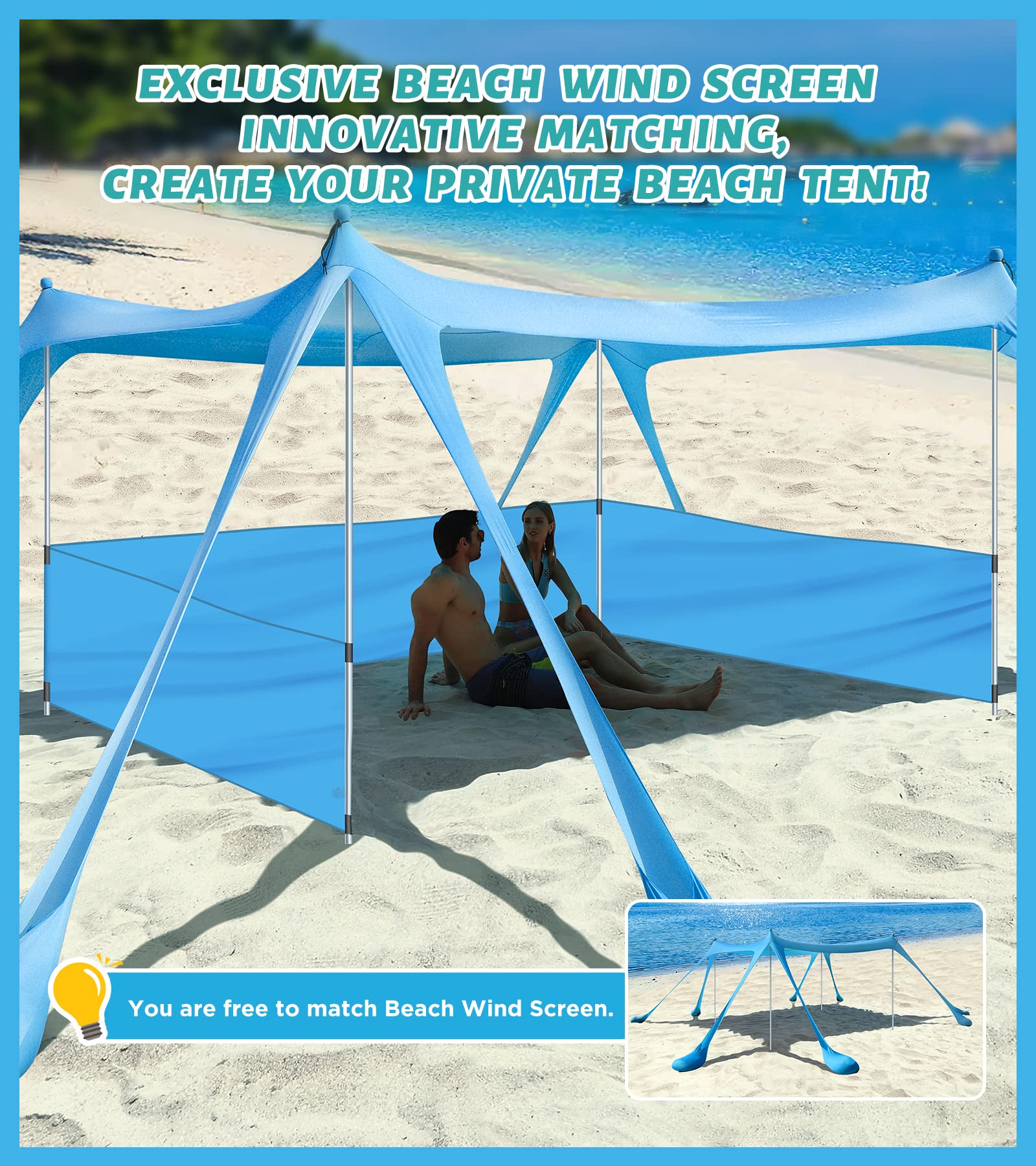 EYEFAME UPF50+ Anti-Wind Beach Tent with Sandproof Private Beach Wind Screen, Stable 8 Sandbags Design Beach Canopy Sun Shade with Carrying Bag, Portable Easy Assemble Sun Shelter for Outdoor Camping