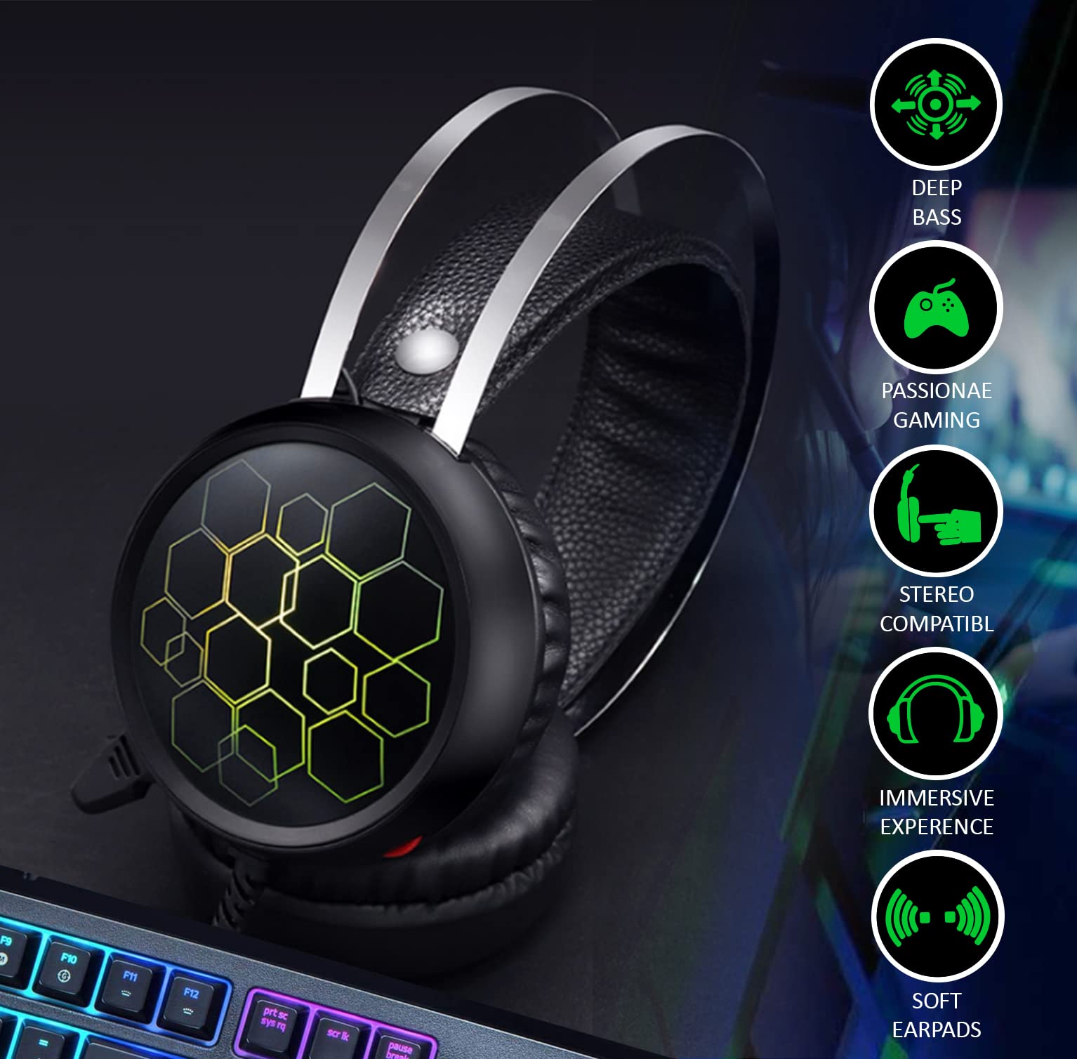 Dracaena Headset: USB dual 3.5mm - Over-ear Headphones with Noise cancelling - Deep Bass Stereo Sound - Ear Flexible Microphone Volume Control - LED light