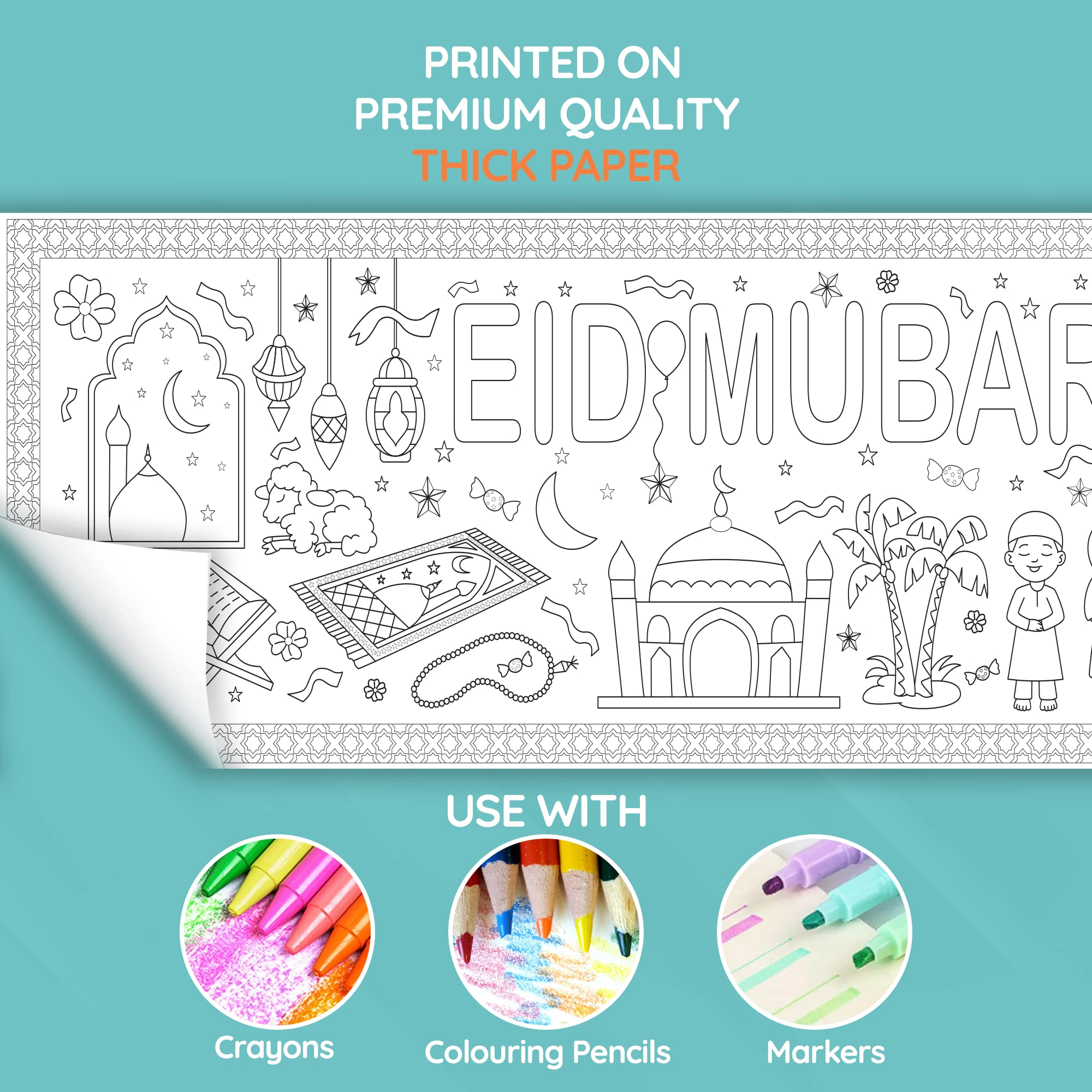 Eid Mubarak Colouring Poster - Fantastic Eid Gift for Kids and Eid Crafts for Kids - Lovely Eid favor and Islamic Gift for Kids - Great Eid Decoration Islamic Art Eid Art and Eid Banner and Present
