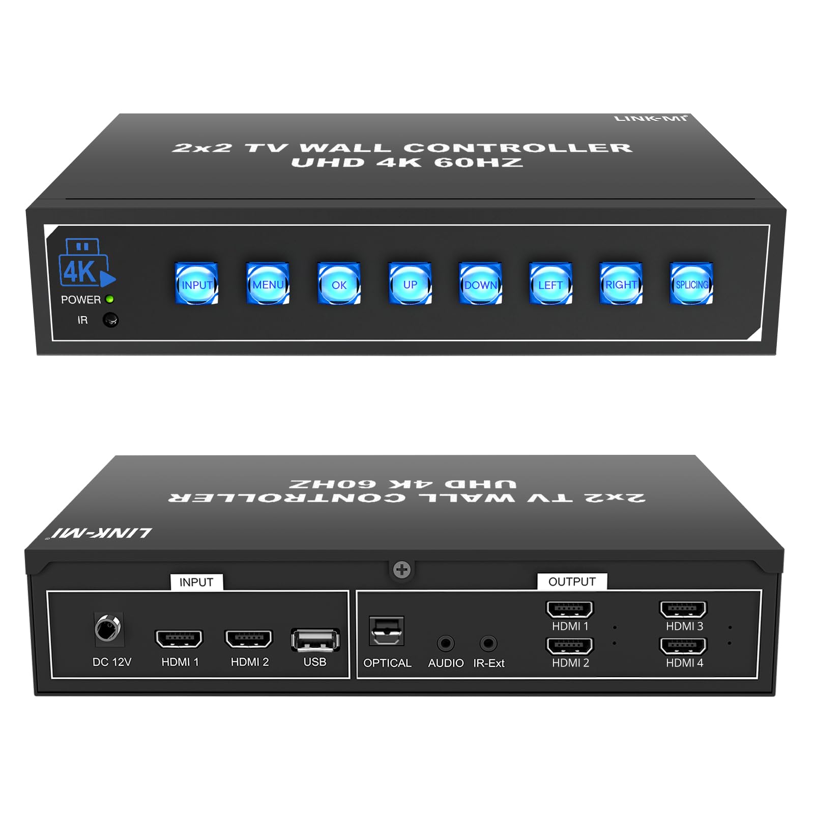 LINK-MI 4K60 2x2 Video Wall Controller with HDMI 2.0 USB inputs 1x2 1x3 1x4 2x1 3x1 4x1 UHD TV Wall Controller for 4 TVs Support USB Auto Display and Play max 4096x2160@60 Video Picture
