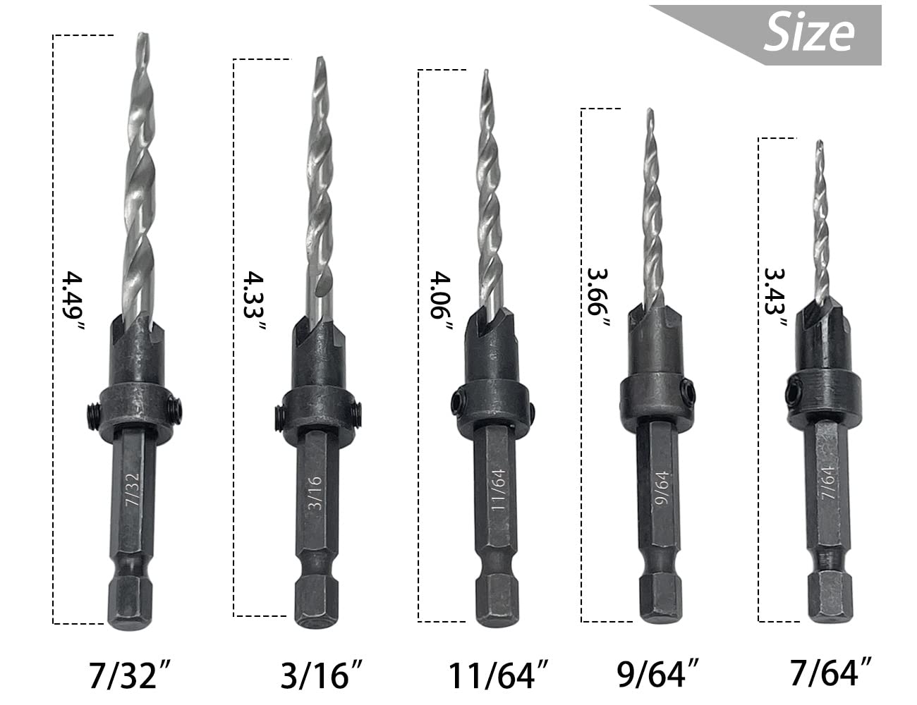 Saipe 5pcs Wood Tapered Countersink Drill Bit Set Hex Shank Screw Drill Counter Sink Bit 7/64", 9/64",11/64", 3/16", 7/32" Adjustable Drilling Tool Kit on Pilot Counter Sinker Hole for Woodworking