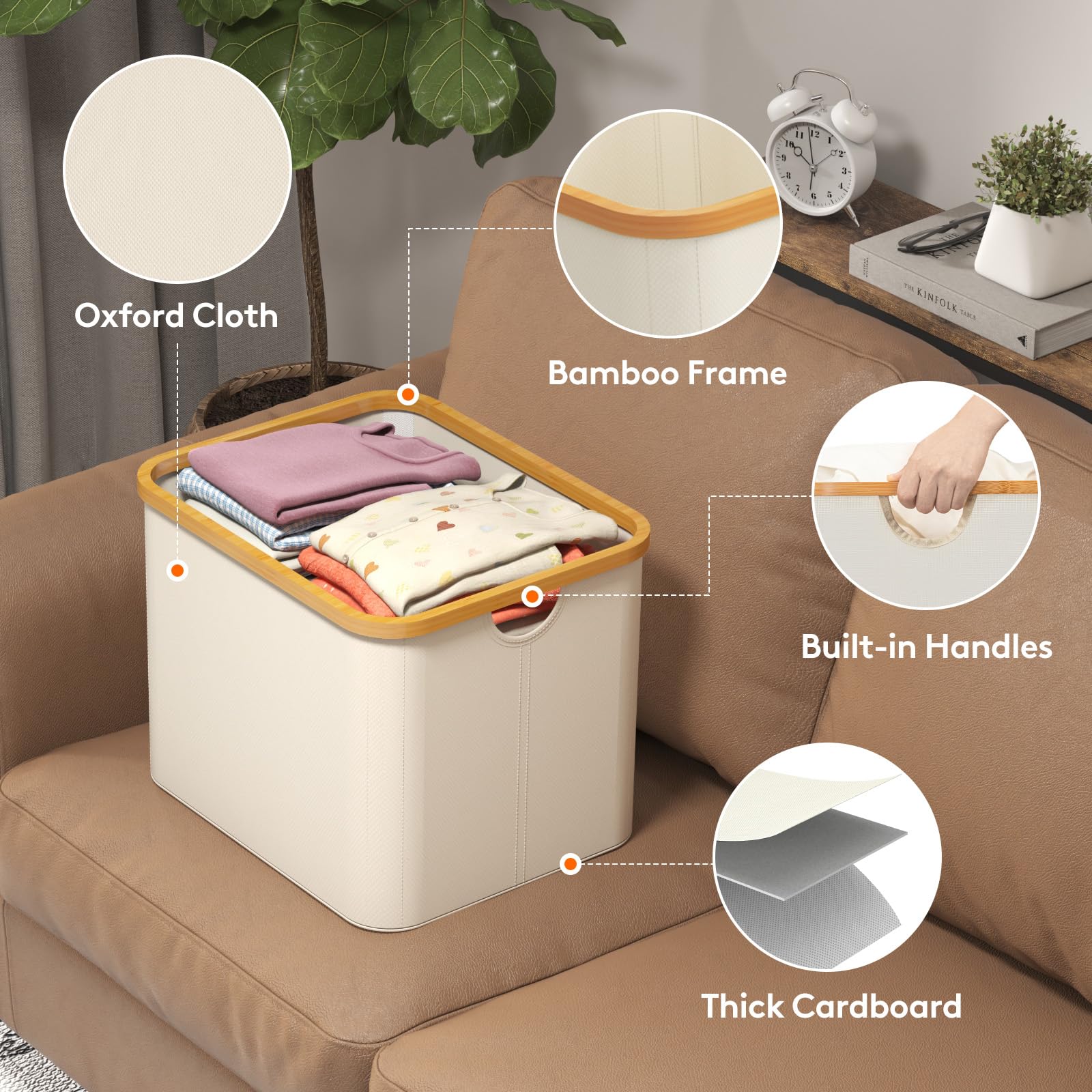Lifewit 42L Collapsible Storage Bin with Bamboo Handles, Foldable Storage Basket for Organizer, Storage Cubes for Closet and Shelves, Dorm, Laundry Room, Bedroom, White, 3 Pack