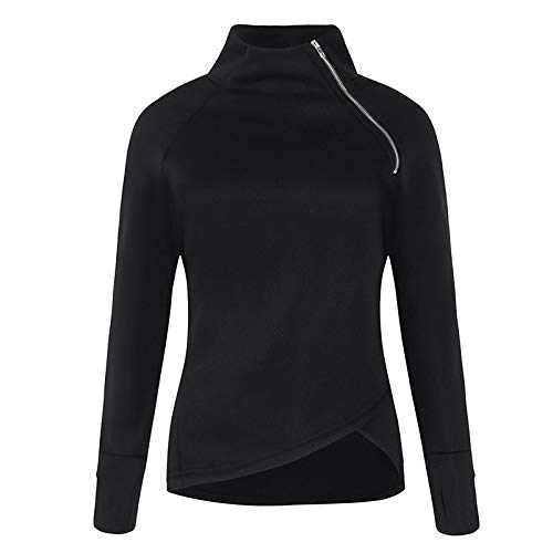 DIOMOR Womens Slim Fit Turtleneck Zipper Thumb Hole Shirts Long Sleeve Sweatshirt Solid Color Tops Plus Size Black