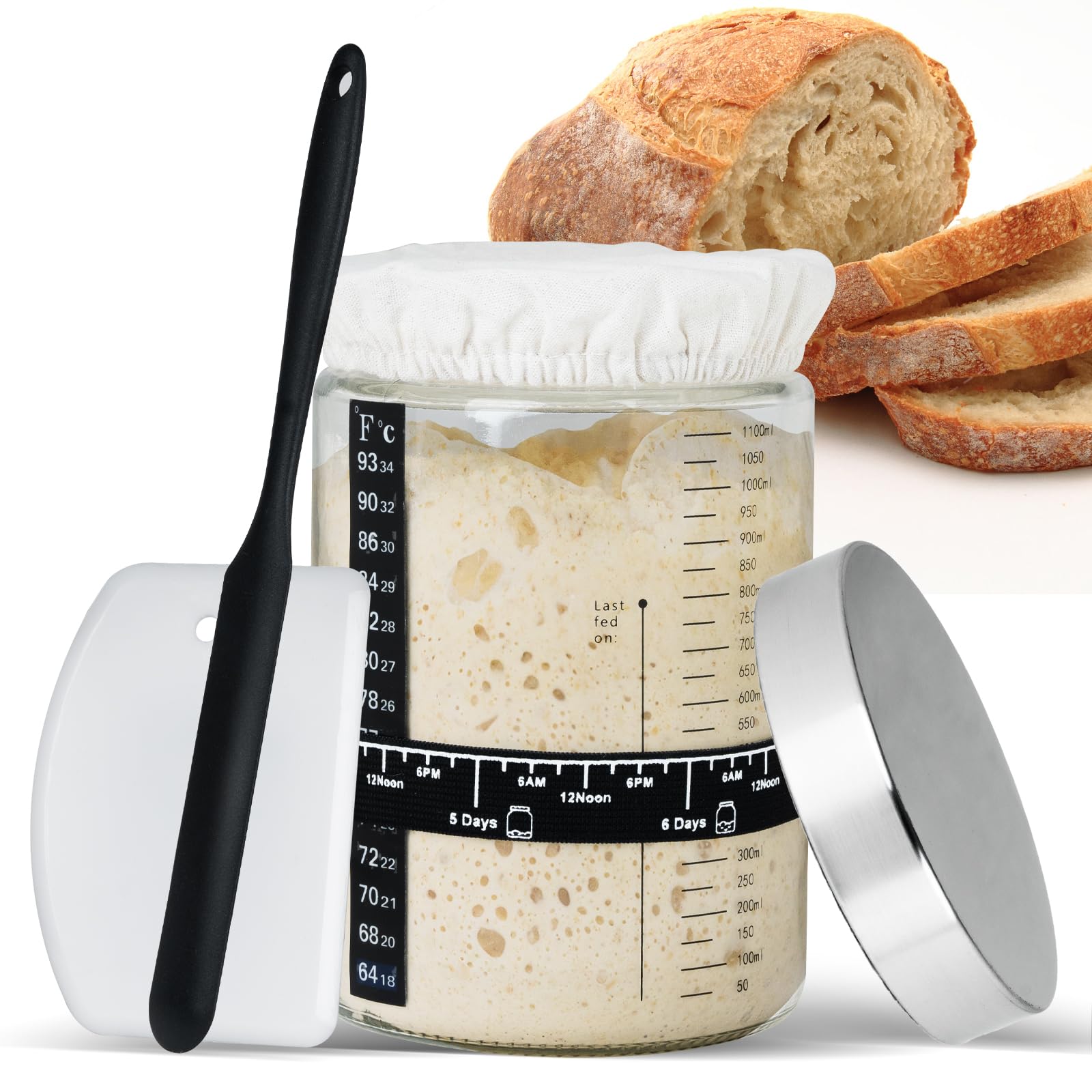 Sourdough Starter Kit 42Oz Sourdough Starter Jar Glass Wide Sourdough Bread Baking Supplies, Brewing Fermentation Carboys Sourdough Bread Starter Kit with Cloth Cover, Lid&Feeding Tracker Band-1PACK