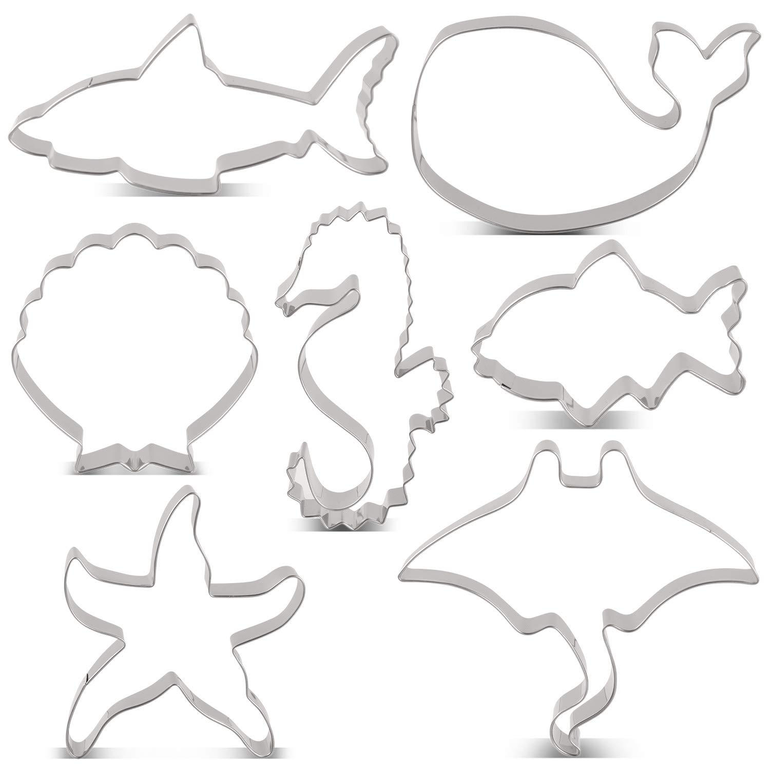 LILIAO Under The Sea Cookie Cutter Set - 7 Piece - Shark, Whale, Fish, Manta, Starfish, Shell and Seahorse Biscuit Fondant Cutters - Stainless Steel