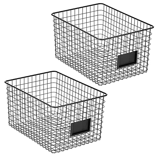 mDesign Large Metal Farmhouse Storage Organizer Bin Baskets with Label Slot for Closet, Cabinet, Cupboard - Wire Organizing Basket Holds Clothing, Linens, Shoes, Omaha Collection, 2 Pack, Matte Black