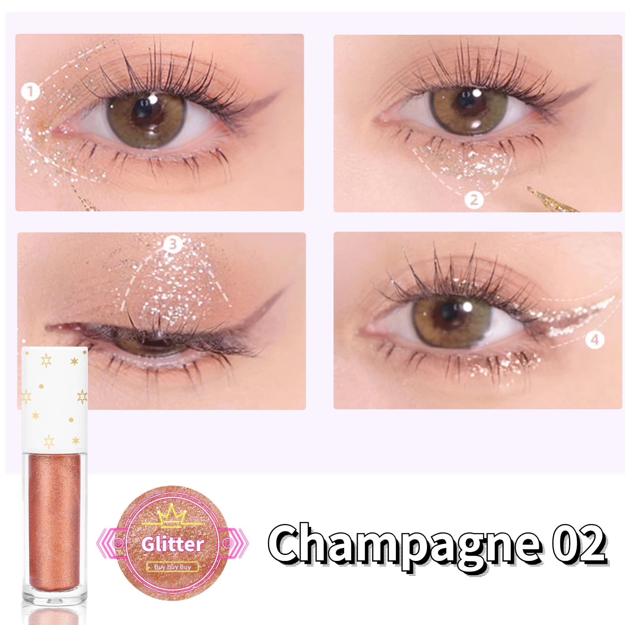 Geeneiya Korean Glitter Liquid Eye Shadow Gold Bling Eyeliner, Pigmented, Long Lasting, Quick Drying, Loose Glitter Glue for Crystals Eye Makeup (Romantic Champagne 02)
