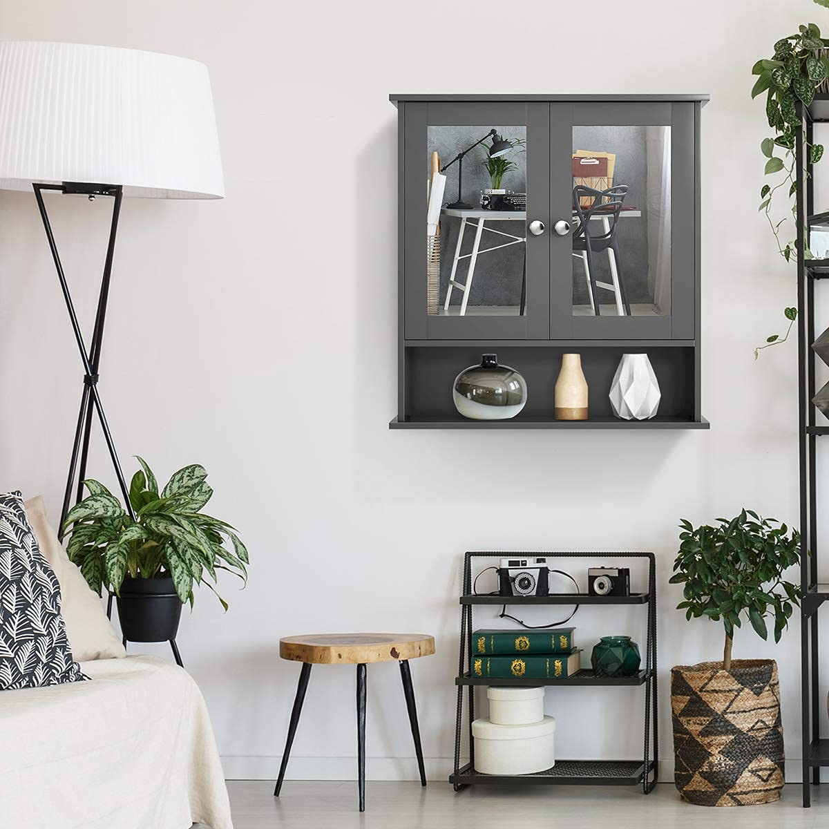 Salches Wall Mounted Bathroom 2 Mirrored Doors, Over-Toilet Hanging w/Shelves, Wooden Storage Organizer Medicine Cabinets, Grey
