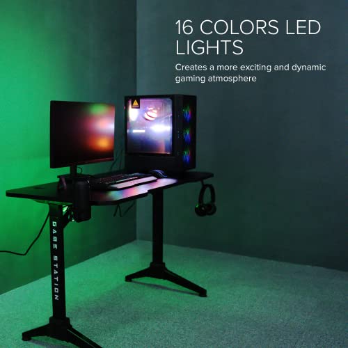 POUT Game Station 1 RGB LED Gaming Desk with LED Lights, Headphone Hook, Cable Hole, 16-Color Controller & Cup Holder — 47-inch Premium Steel Gamer Desk with Carbon Fiber Surface (Black)