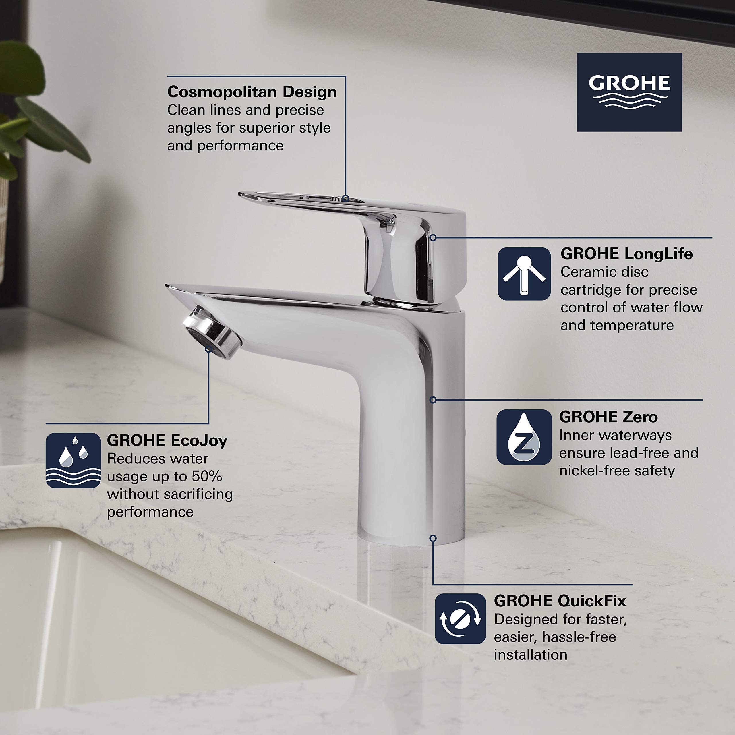 GROHE 23085001 Bauloop, Single Hole Single-Handle S-Size Bathroom Faucet 1.2 GPM - Drain not included, Chrome