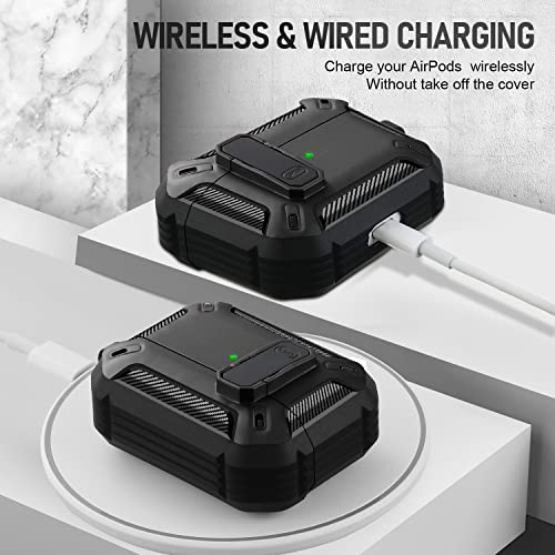 Youskin Airpod Pro Case Secure Lock Clip Case,Carbon Fiber Military Armor Series Full-Body Rugged Hard Shell Airpod Pro Case for Men Women with Keychain,Black