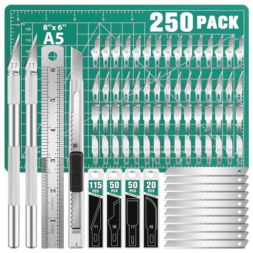 DIYSELF 250 Pcs Exacto Knife, Craft Knife, Hobby Knife, Precision Knife, Exacto Knife for Crafts, Modeling, Scrapbooking, 2 Exacto Knives with Extra 235 Exacto Blades (#11#10#16#17)