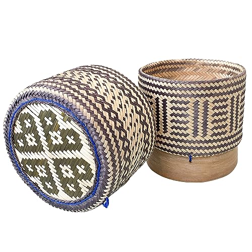 PANWA Handmade 100% Eco-Friendly Thai Bamboo Sticky Rice Serving Basket - Riceberry Toned Wickerwork with Vegetable Based Dye - Food Safe- Family Size