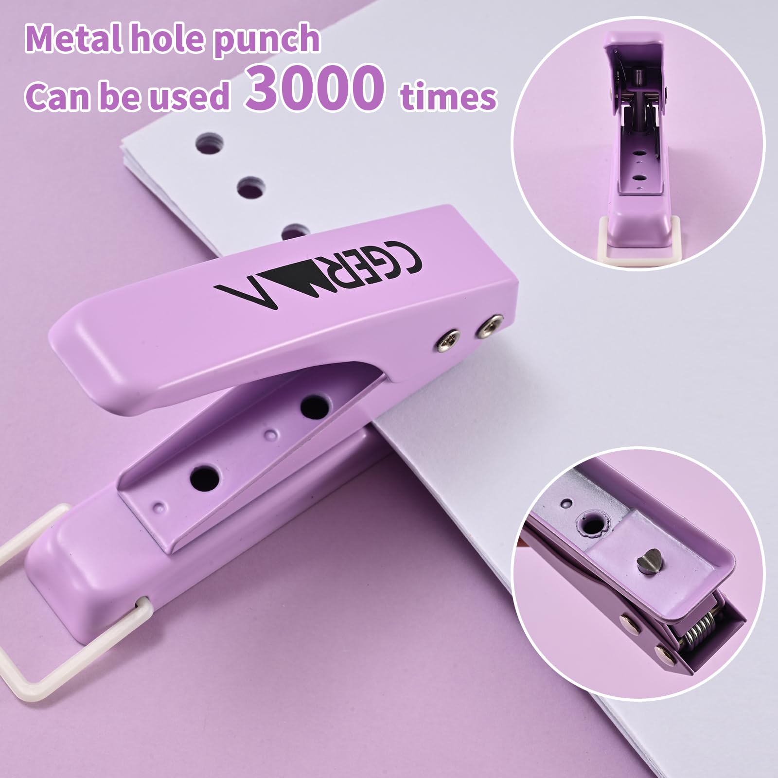 Single Hole Puncher,1/4" Hole Punch,50% Labor Savings, Heavy Duty Hole Puncher, Paper Punch, 15 Sheet Capacity, Metal Hole Puncher for ID Card, Chipboard, Art Project,Purple