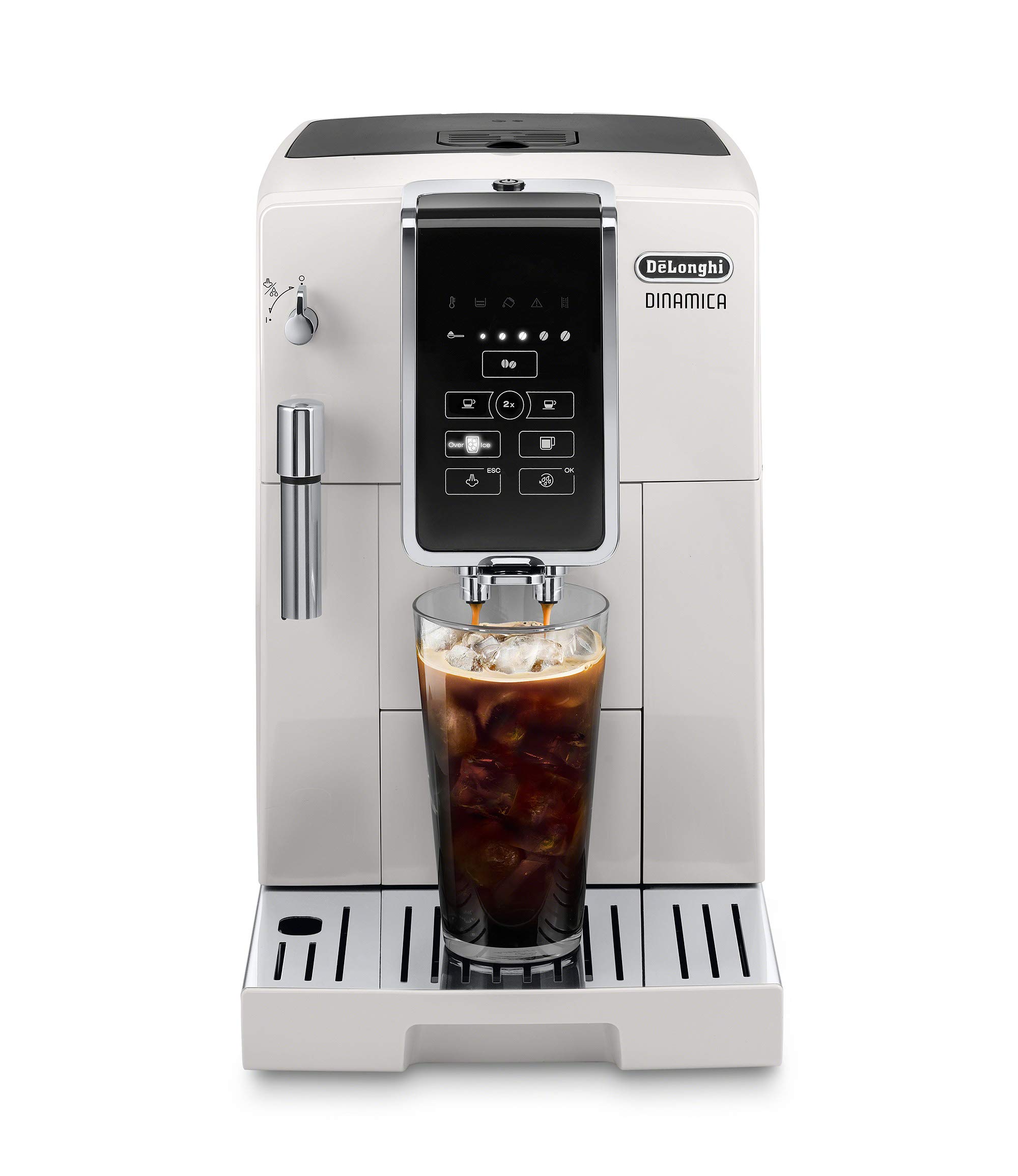 De'Longhi Dinamica Automatic Coffee & Espresso Machine TrueBrew, Burr Grinder + Descaling Solution, Cleaning Brush & Bean Shaped Icecube Tray, White & Milk Frothing Jug, 12 oz, Stainless Steel