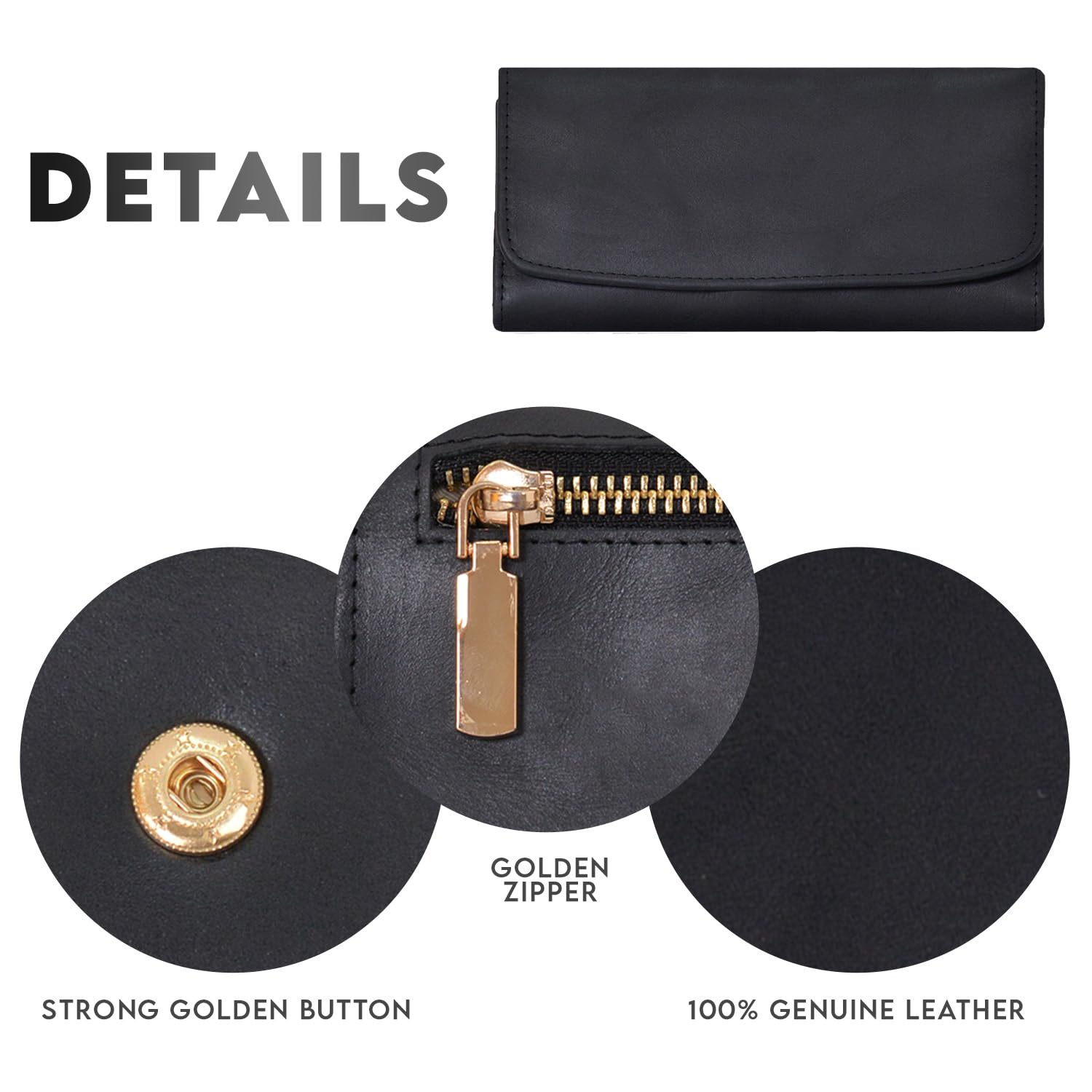 HUFFAM Genuine Leather Wallets for Women 2024 RFID Blocking Ladies Large Trifold Slim Clutch Black Wallet for Women - 13 Card Slots, 4 Cash Slots - Fits iPhone 14