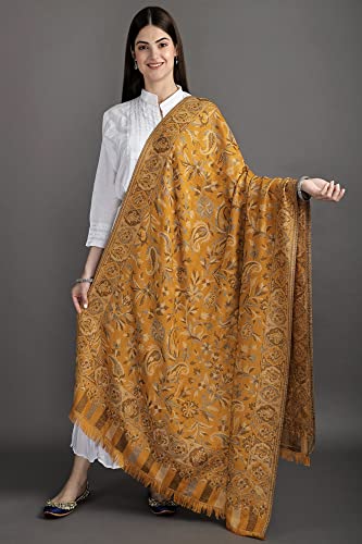 Exotic India Reversible Jamawar Shawl from Amritsar with Woven Flowers - Wool - Color Butterscotch