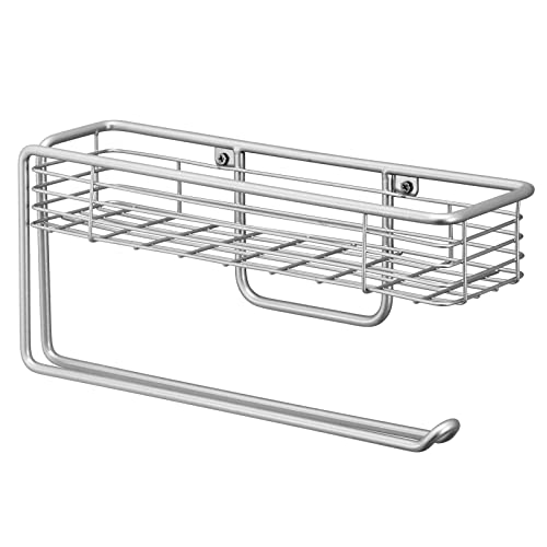 mDesign Wall Mount Metal Paper Towel Holder with Storage Shelf for Kitchen, Pantry, Laundry, Garage Organization - Shelf Holds Spice Bottles, Glass Jars, Oils and Vinegars - Chrome
