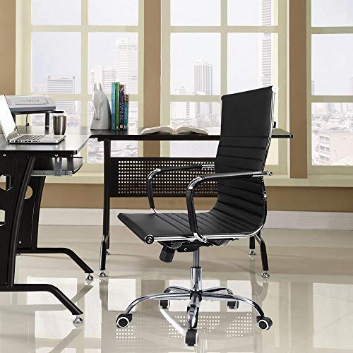 Devoko Office Desk Chair Mid Back Leather Height Adjustable Swivel Ribbed Chairs Ergonomic Executive Conference Task Chair with Arms (Black)