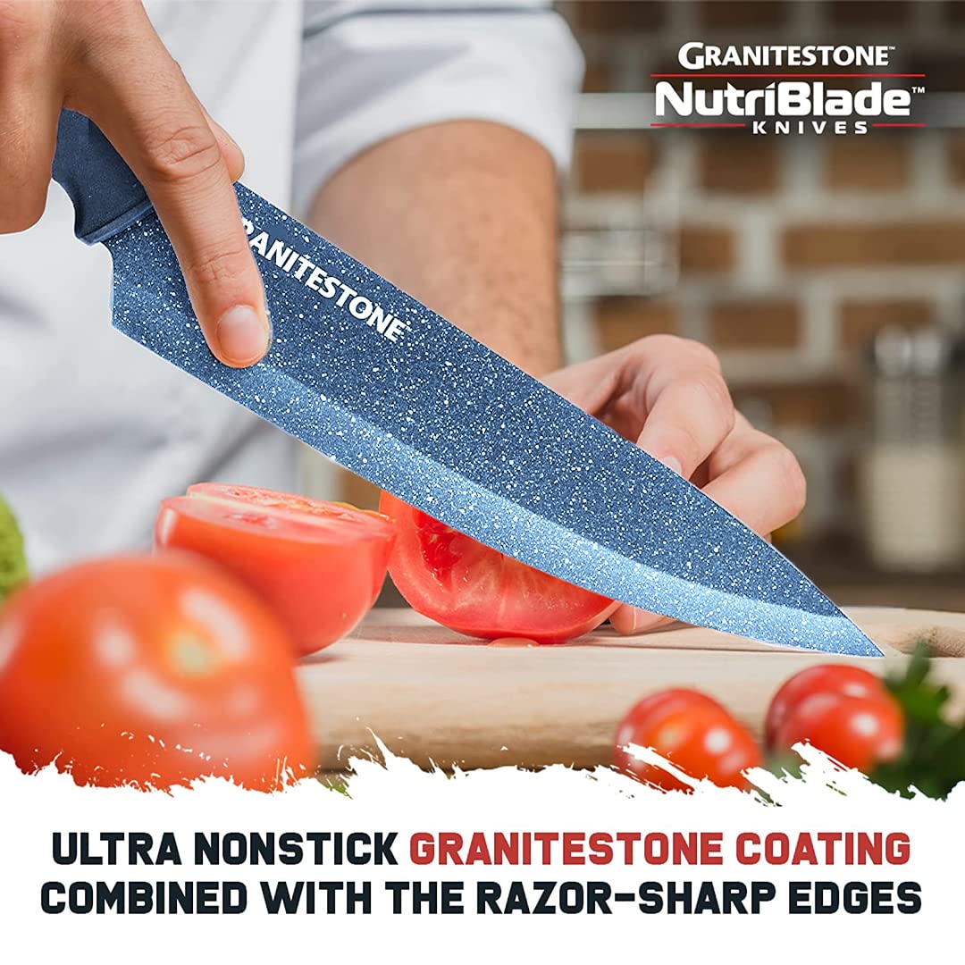 Granitestone Nutriblade Knife Set, High Grade Professional Chef Kitchen Knives Set, Knife Sets Toughened Stainless Steel w Nonstick Mineral Coating, Blue, 6 Pieceā¦