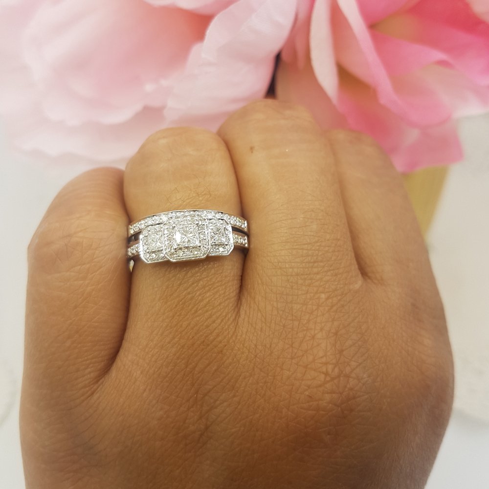 Dazzlingrock Collection 1.00 Carat (Cttw) 14k Round & Princess 3 Stone Diamond Women Engagement Ring Set 1 CT, White Gold, Size 8.5