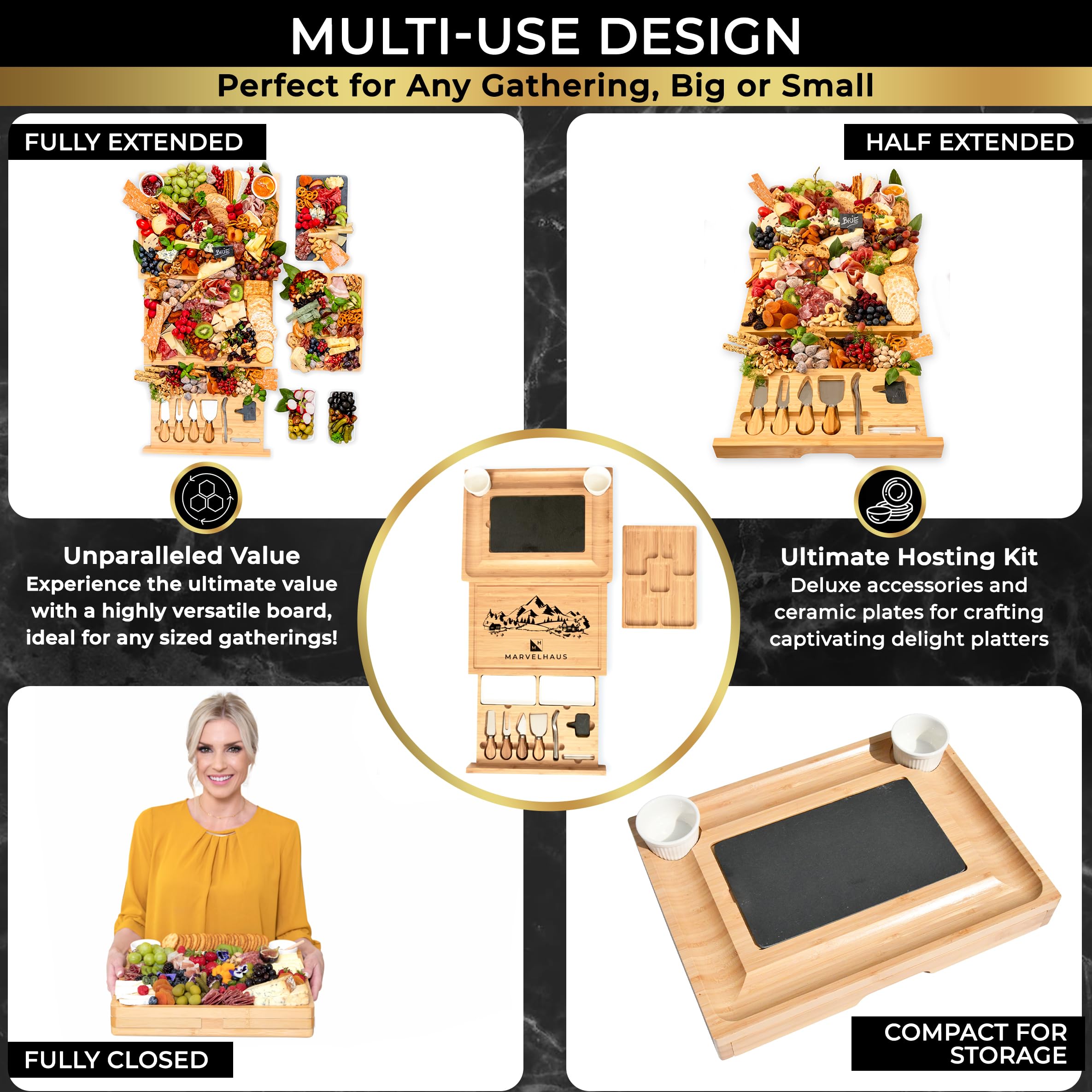 MARVELHAUS Large Charcuterie Board 19 pcs accessories, Cheese Board With Mountain Scene, Cheese Board & Knife Set, Bamboo Charcuterie Boards, Cheese Servers-Unique House Warming New Home, Wedding Gift