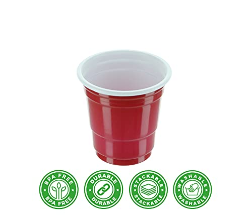 PARTY BARGAINS 2oz Plastic Shot Glasses - (120 Pack) Mini Red Disposable Plastic Shot Cups, Jello Shots, Perfect Size for Serving Condiments, Snacks, Samples and Tastings