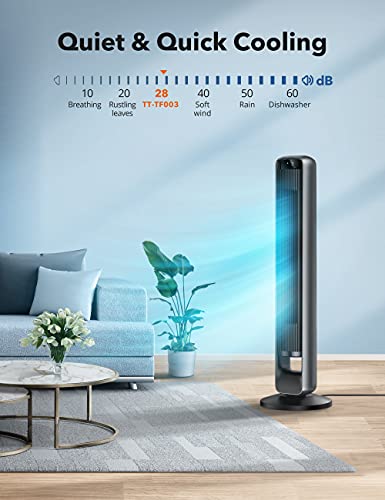 Tower Fan, 42”90° Oscillating Fan, DC Motor with 28dB, 12 Speeds, 4 Modes, Night Light, 12H Timer, LED Display, Quiet Portable Bladeless Fan with Remote for Bedroom, Living Room & Office