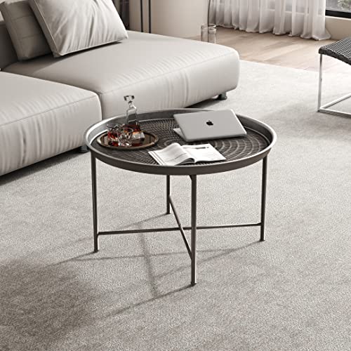 Yusong Coffee Table, Boho-Chic Hammered Metal Tray Coffee Table, Mahdavi Round Coffee Tea Table, Living Room Tables for Storage and Display, Brushed Silver