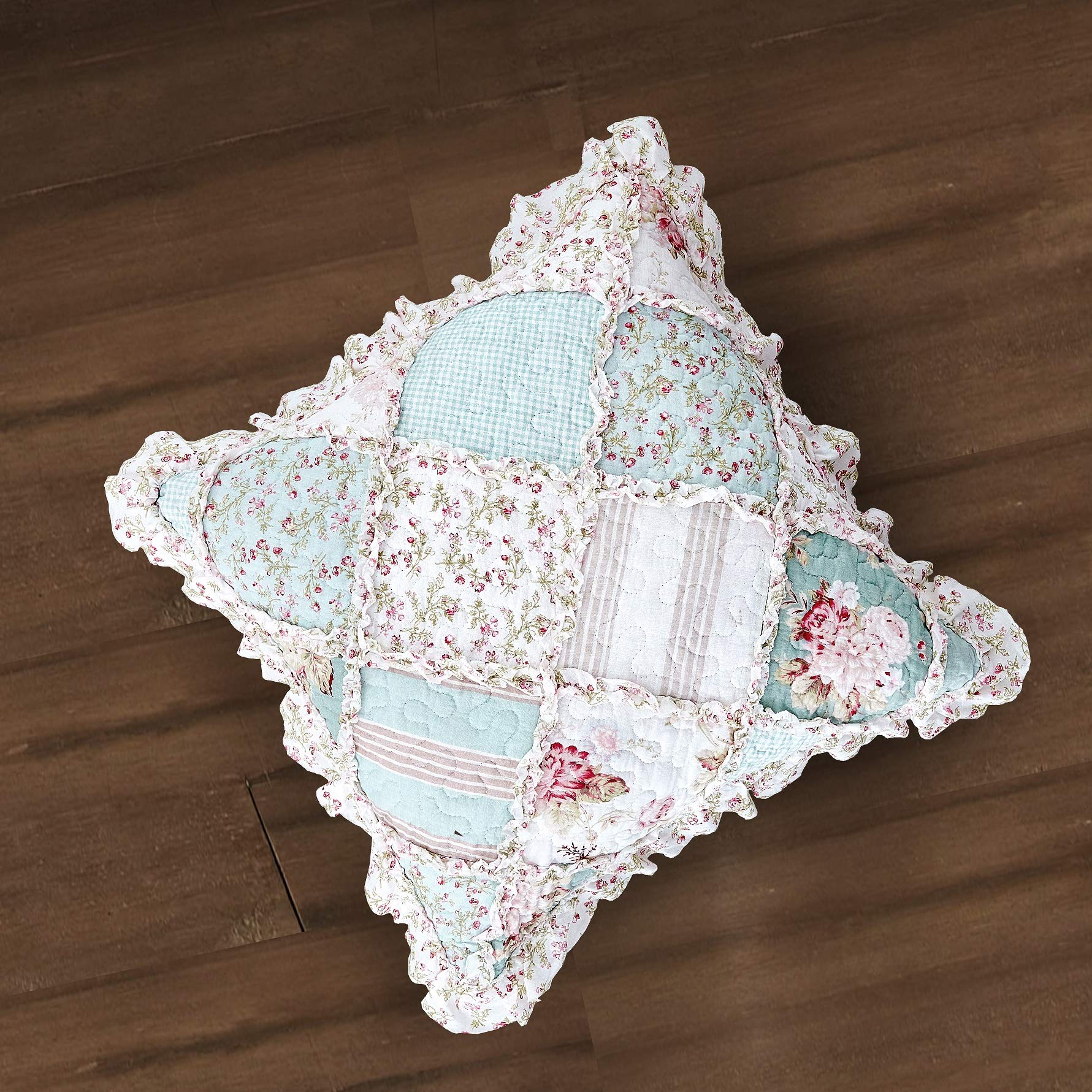DaDa Bedding Set of 2 Blooming Floral Throw Pillow Covers - Patchwork Hint of Mint Cotton Garden Country Cottage - Ruffles Muted Pastel Light Seafoam Blue/Green - 18" x 18"