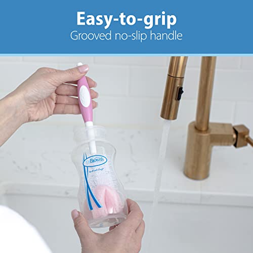 Dr. Brown's Reusable Sponge Baby Bottle Cleaning Brush with Suction Cup Stand, Scrubber and Nipple Cleaner, Pink 1-Pack