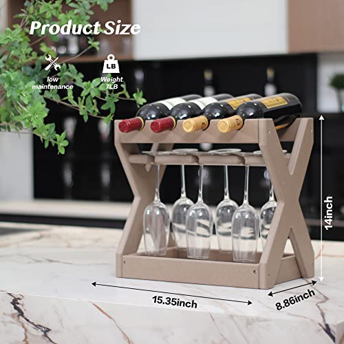 KORVOS Countertop Wine Racks with Glass Holder,4 Bottles Small Wine Rack,High-Density PE Tabletop Wine Bottle Holder for Kitchen, Living Room, Wine Cellar,Bar(Apricot Color)
