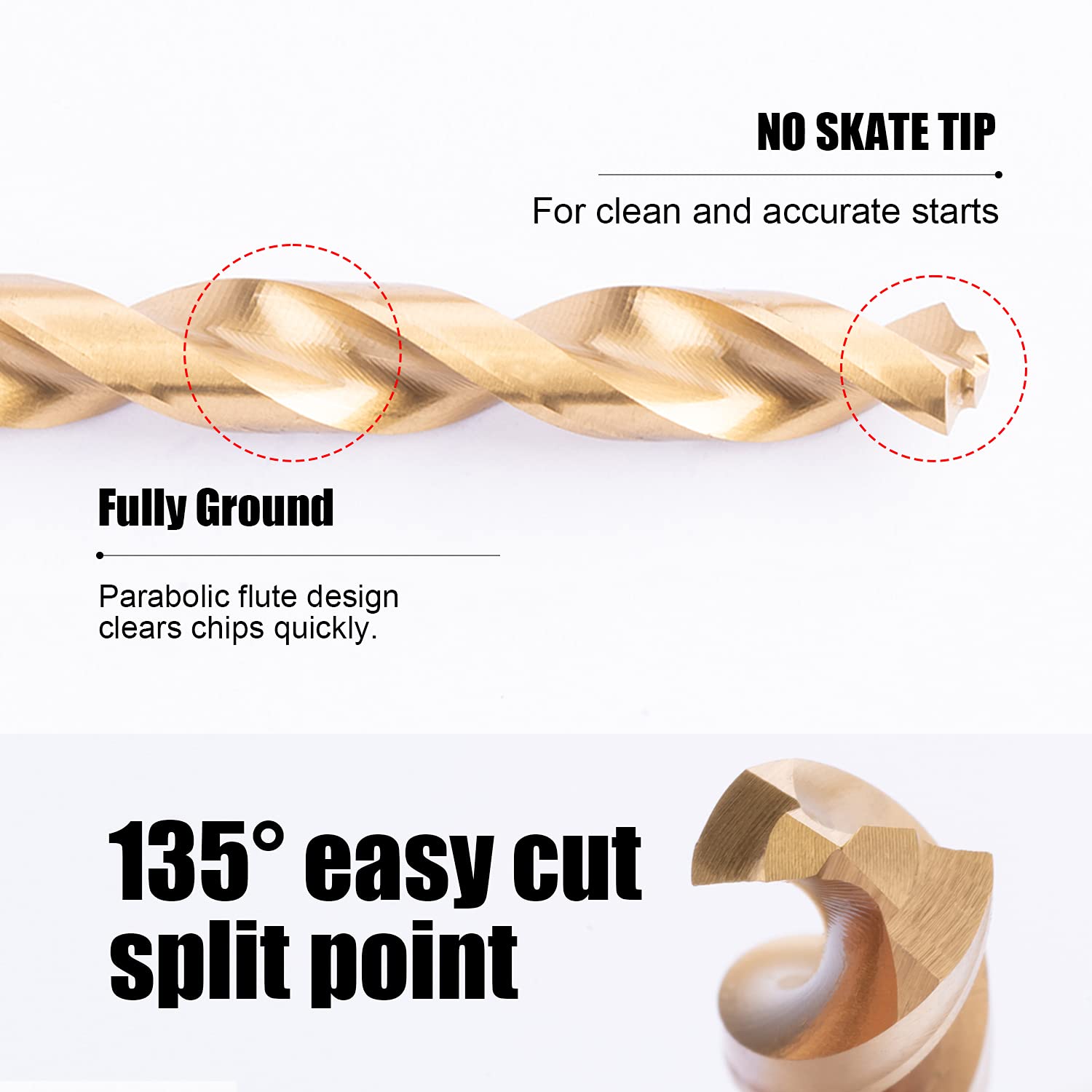 JEFE HEX 1/4" HSS Twist Titanium Drill Bits, Hex Shank for Quick Change, 135 Degree Easy Cut Split Point Drill Bit for Steel, Copper, Aluminum, Zinc Alloy, Wood, and Plastics (Pack of 6).