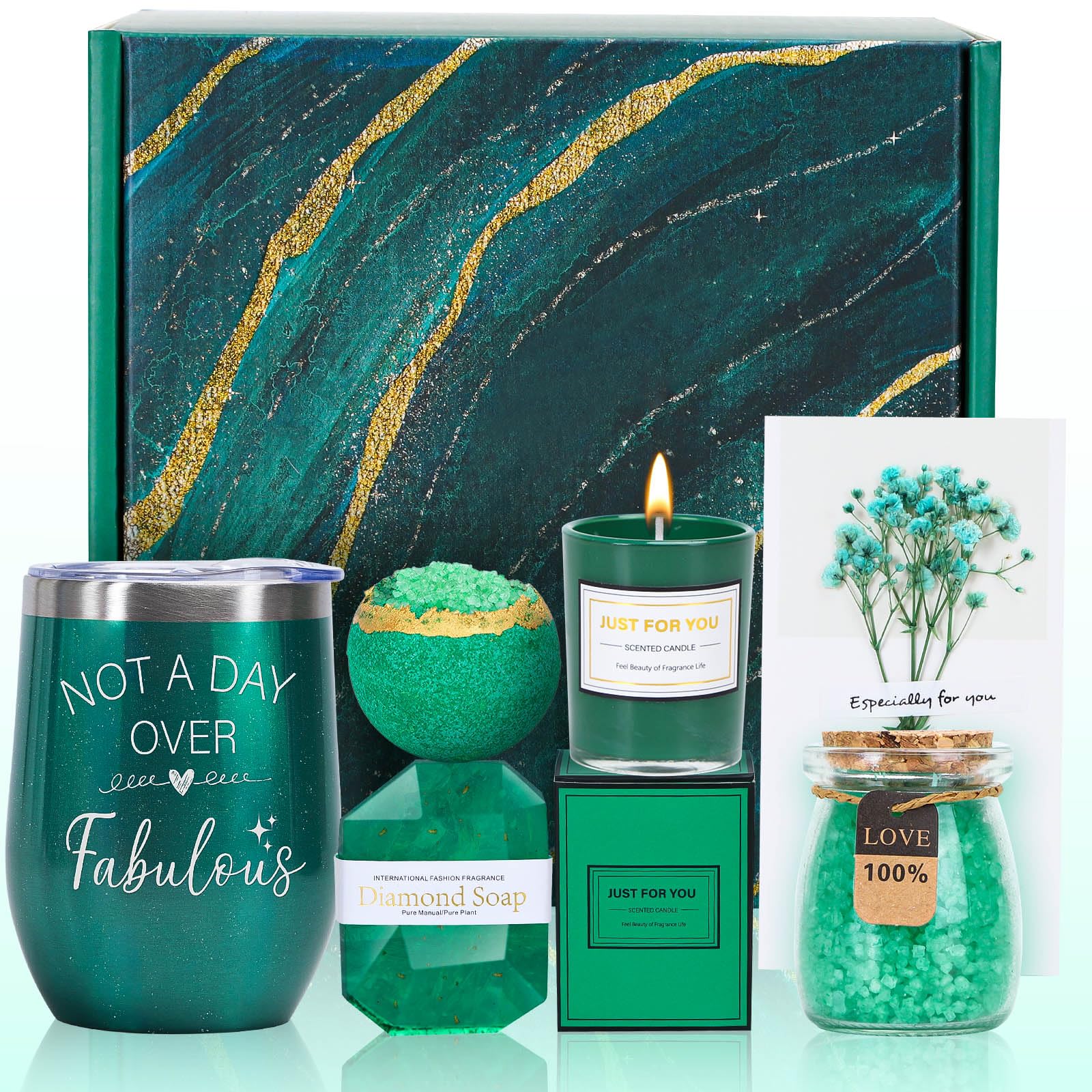 WECURATED Christmas Gift Baskets for Women, Emerald Green Gifts for Mom from Daughter Son, Luxury Relaxing Spa Self Care Gifts for Women, 30th 40th 50th 60th Unique Birthday Care Package