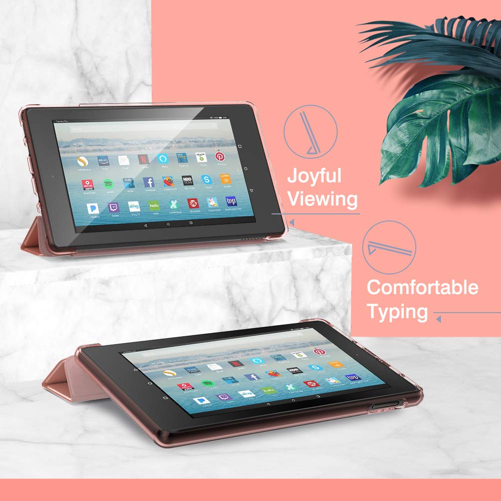 Dadanism All-New Amazon Kindle Fire 7 Tablet Case (9th Generation, 2019 Release), [Flexible TPU Translucent Back Shell] Ultra Slim Lightweight Trifold Stand Cover with Auto Sleep/Wake - Rose Gold