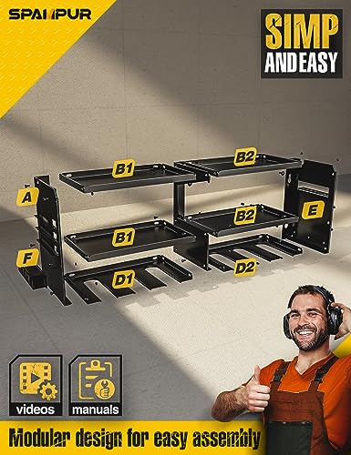 Power Tool Organizer Wall Mount with Charging Station, Garage Tool Shelf 6 Drill Holders, Tool Battery Holder with Screwdriver Heavy Duty Rack, Tool Storage Rack with 4 Outlet Power Strip