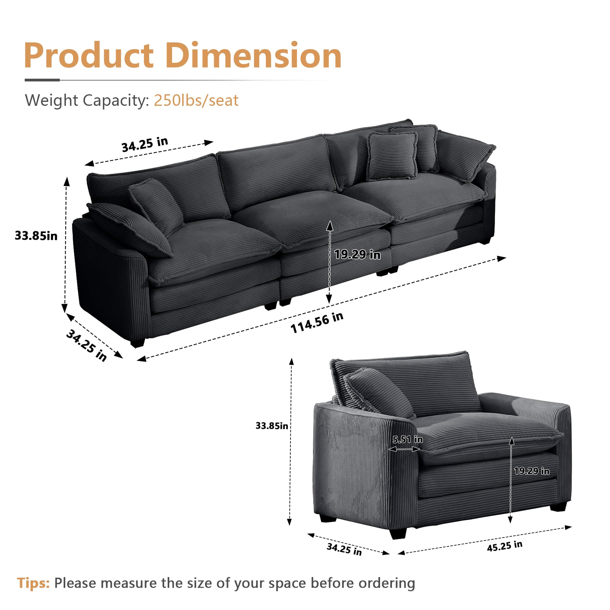 mikibama Luxury 3 Piece Sofa Set, 3-Seater & 2 Single Sofa Set, Modern Corduroy Comfy Cloud Couches Set for Living Room Office with 2 Armrest Pillows and 5 Toss Pillows, Grey