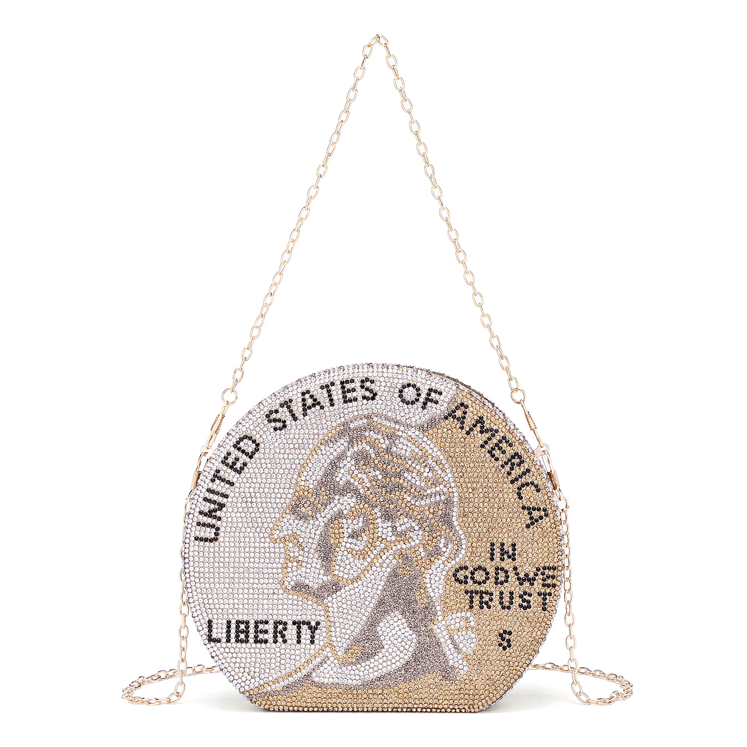 Covelin Women's Dollar Coin Handbag Rhinestone Purse Evening Clutch Bag Golden