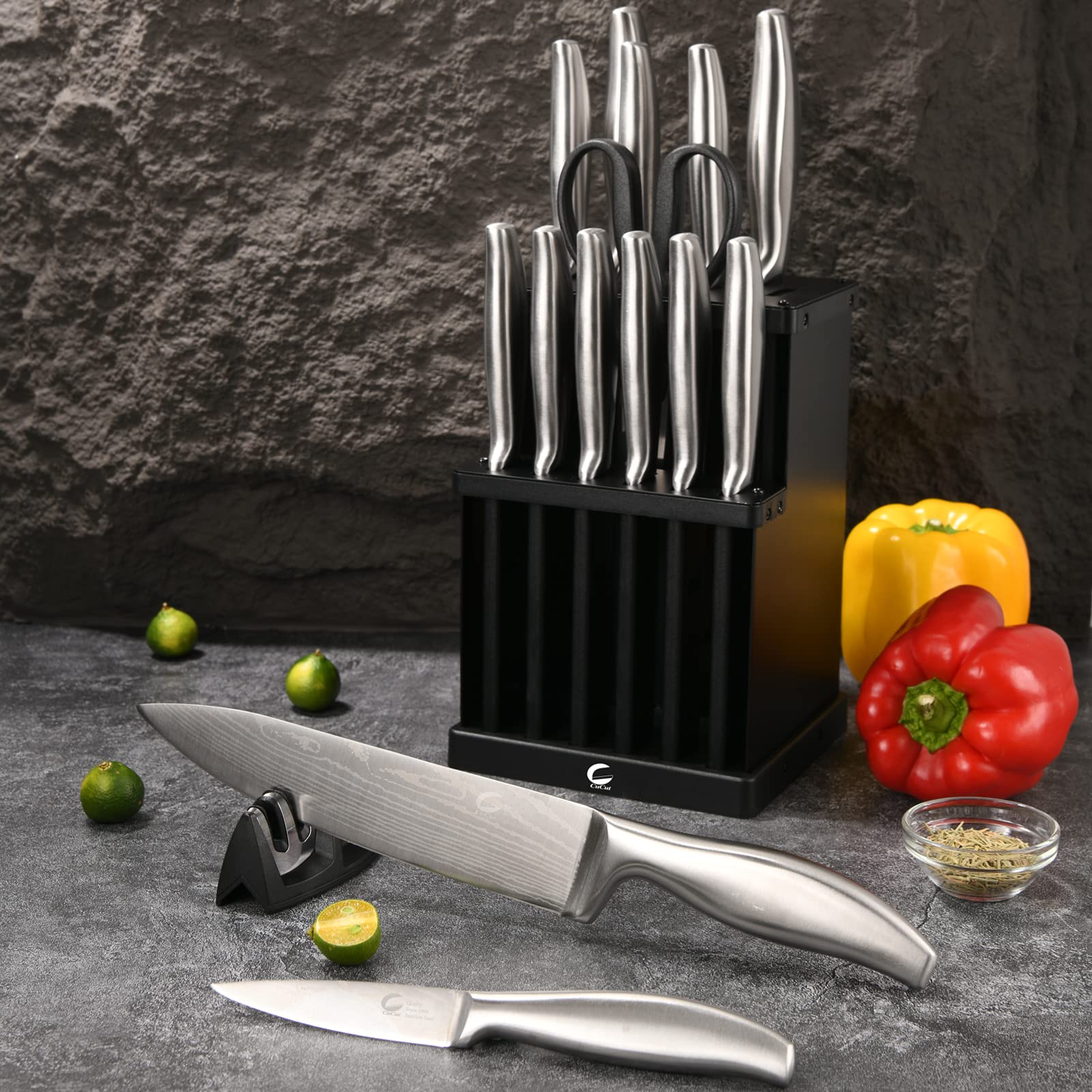 CuCut Knife Set, 16 Piece Knife Set with Block, German Stainless Steel Hollow Handle Kitchen Knives, Include Kitchen Accessories