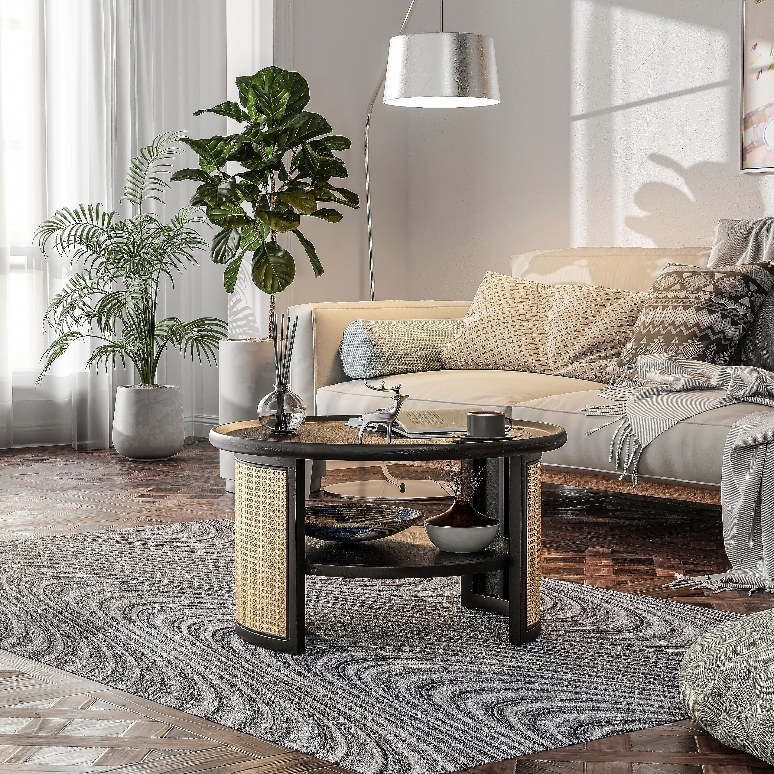 COZAYH Modern Farmhouse Round Coffee Table with Storage Shelf, Wood Tray Top Circle Coffee Table with Rattan Frame for Living Room, Bedroom